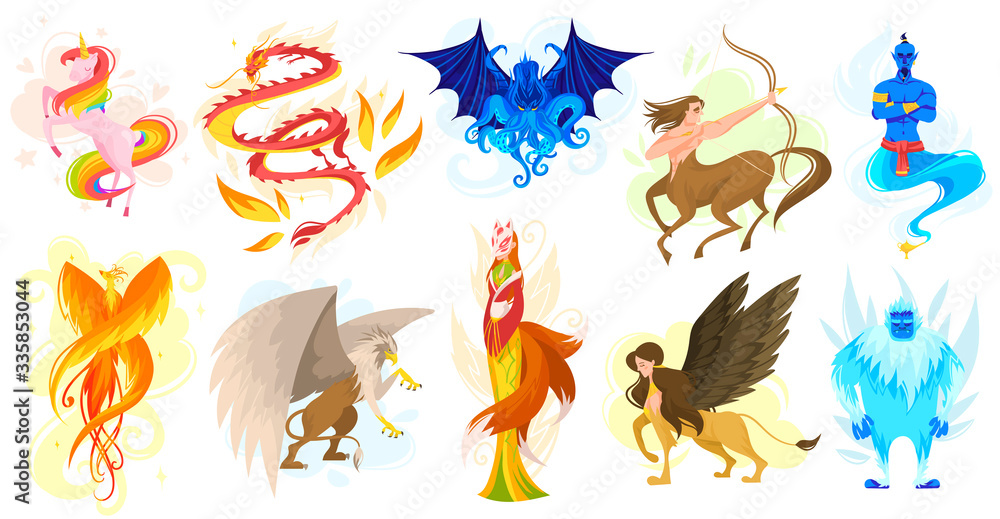 Mythical creatures and fairytale animals, set of isolated cartoon ...