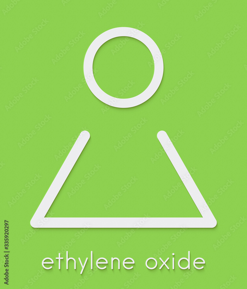 Ethylene oxide (oxirane) molecule. Uses include sterilization of ...
