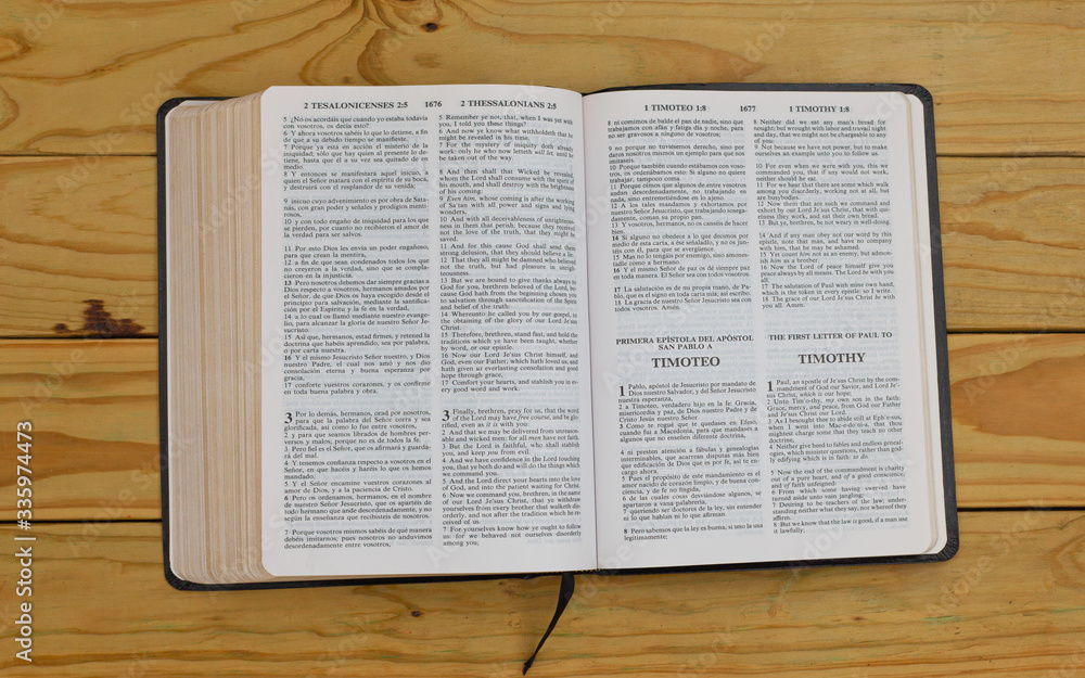 open bilingual bible book on the fist letter of Paul to Timothy ...