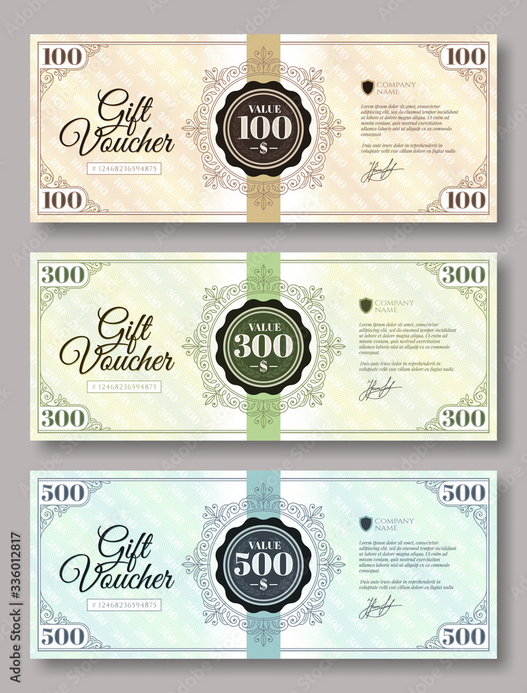 Set of gift voucher template various value - 100 dollars, 300 dollars ...