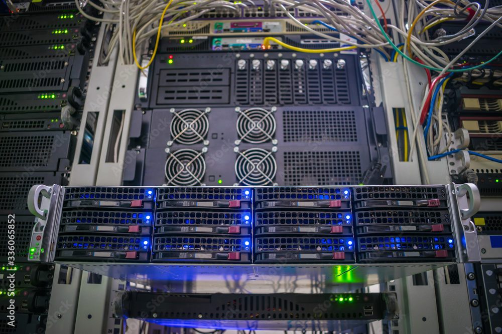 Front panel of central data server. Powerful computing equipment works ...