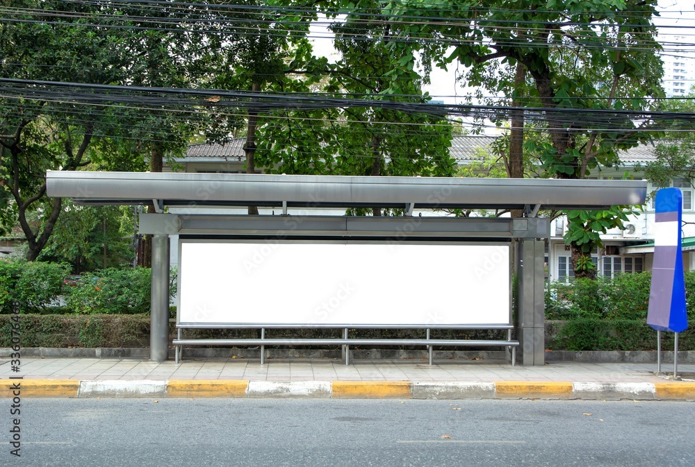 Blank white billboard mockup of bus stop horizontal billboard Stock ...