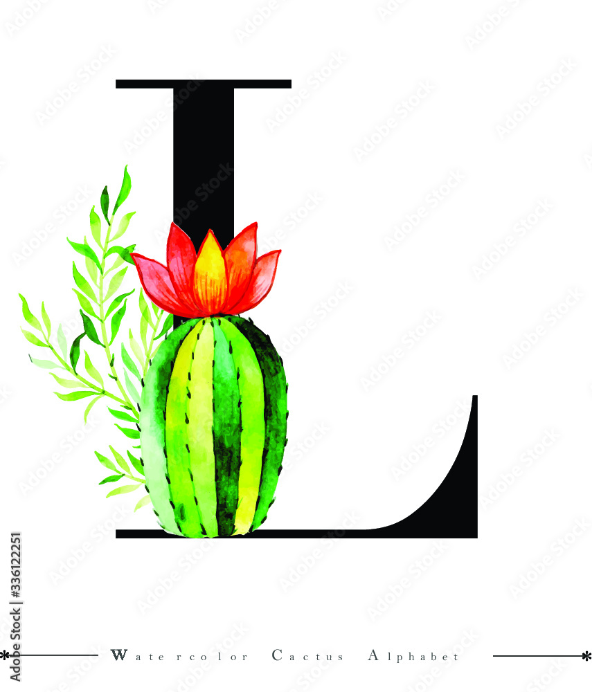 Alphabet Letter with Watercolor cactus and Leaves Background Stock ...