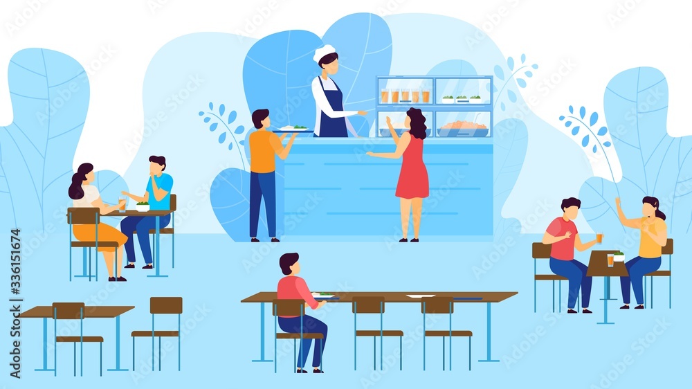 School canteen, cafeteria, children take tray with food, eating ...