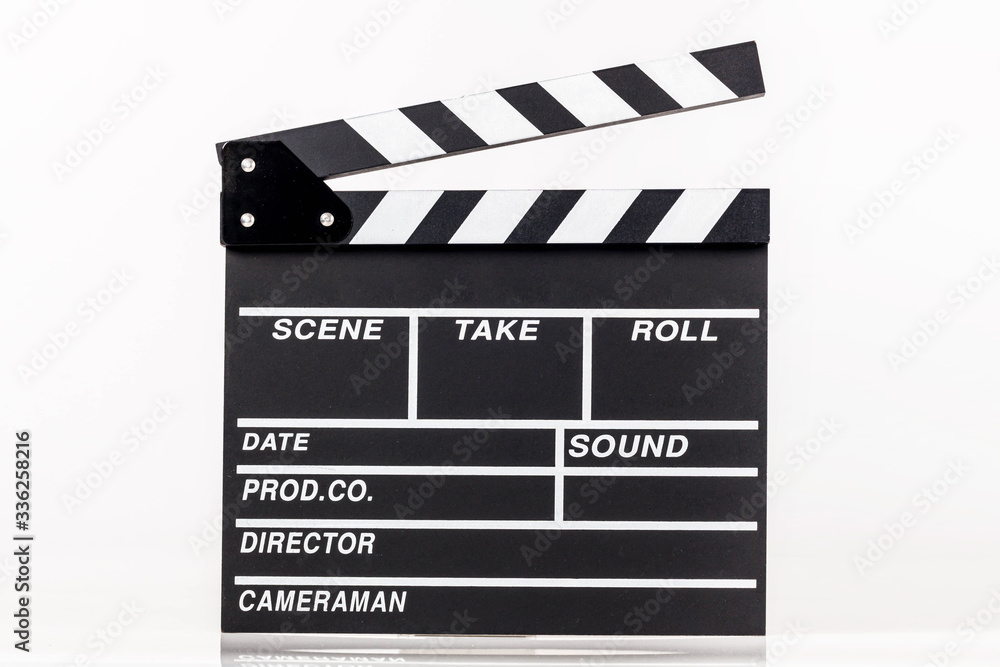 movie clappers open and close isolated on white background. Shown slate ...