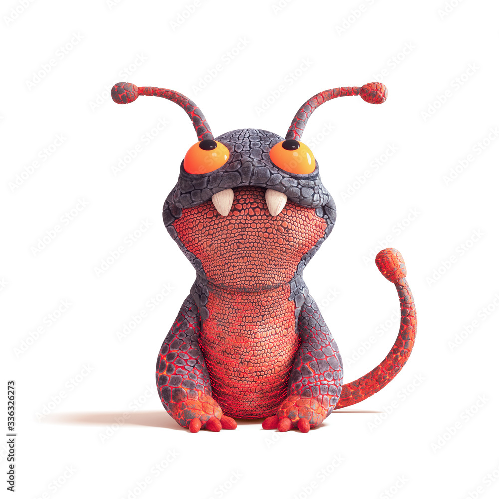 3d illustration of cute little cartoon grey red lava monster sitting ...