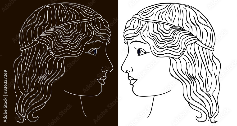 Linear drawing of a female profile . Elegant hairstyle. .White-black ...