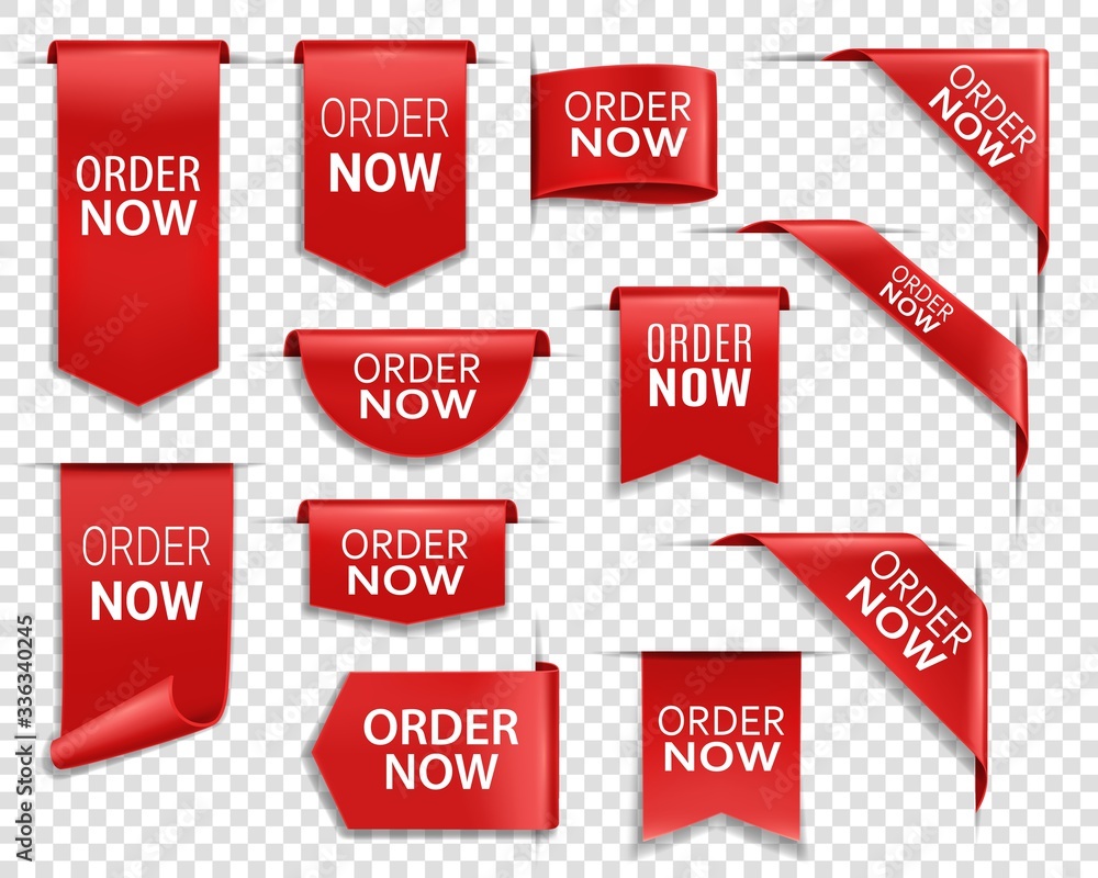Order now red ribbons, online shopping web banners. Order now icons of ...