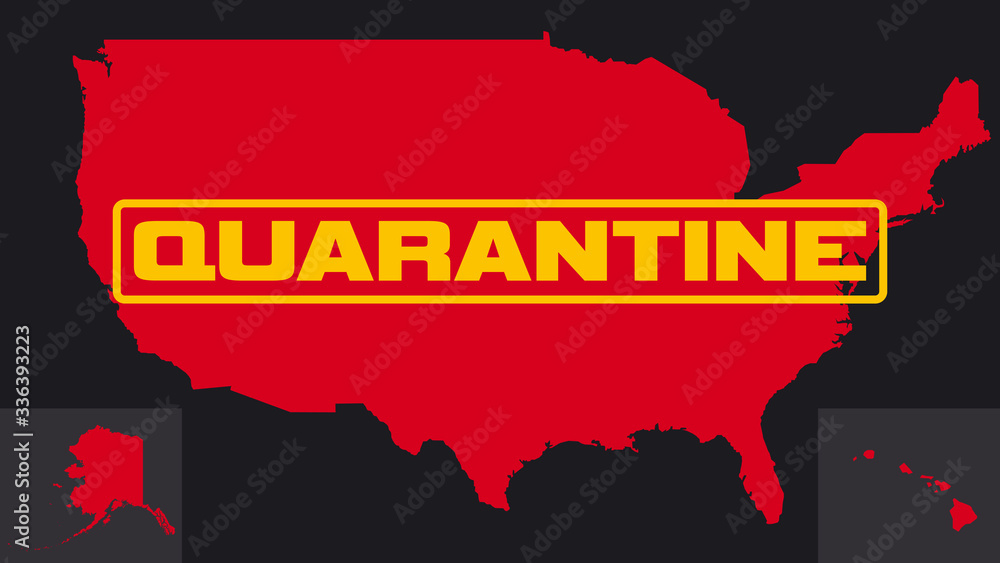 Quarantine area. Map of USA with quarantine sign. Red map on a black ...