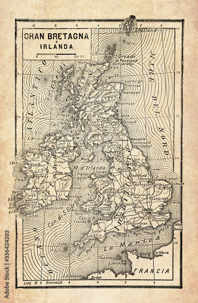 Ancient map of Great Britain and Ireland islands in the North Atlantic ...