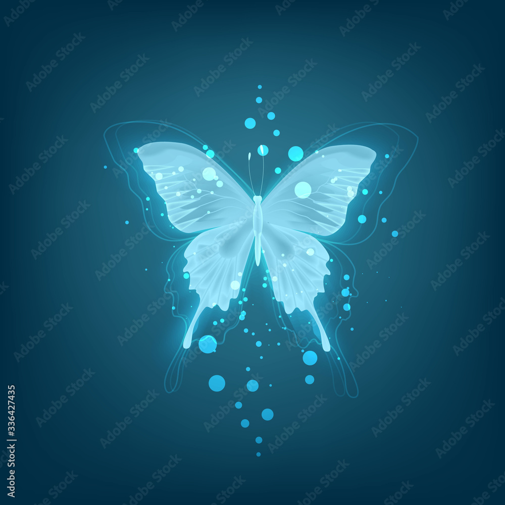 Glowing background with neon blue butterfly on white background Stock ...