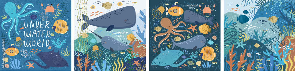 Underwater world! Set posters ocean or sea with various fish, octopus ...