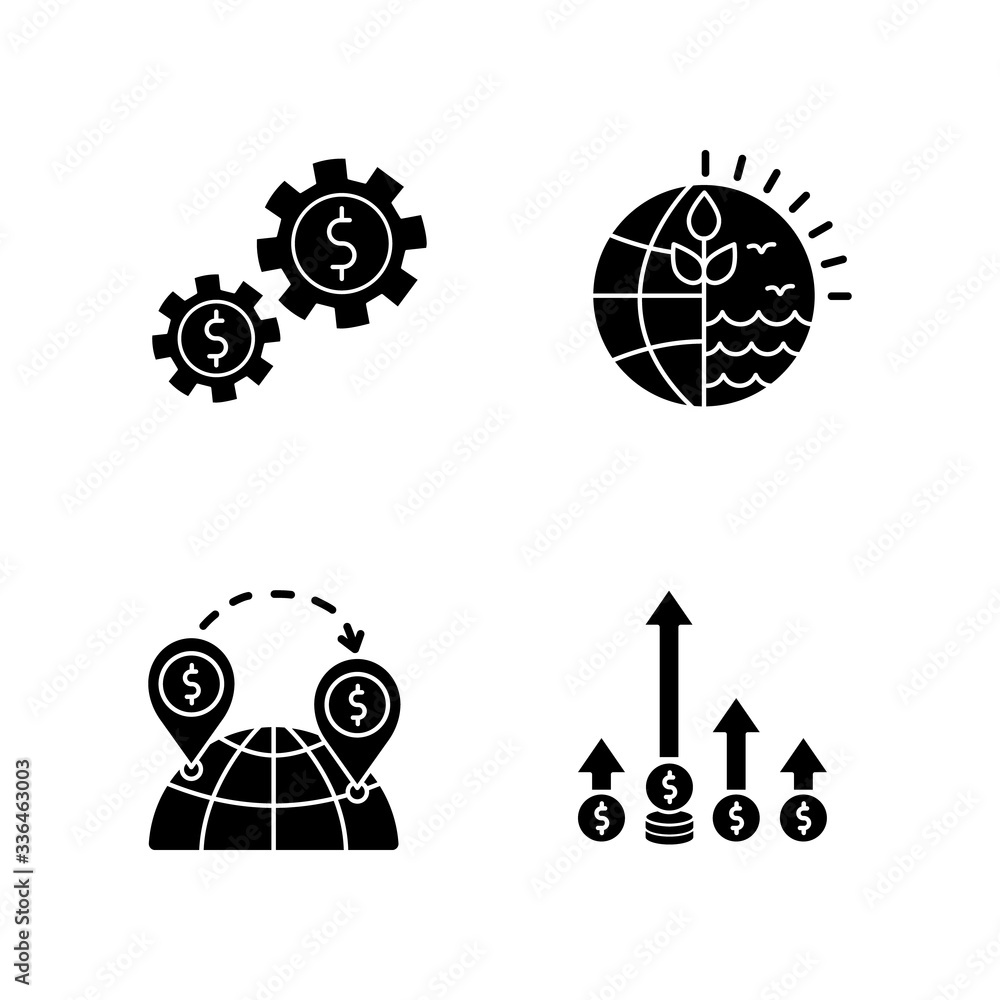 International business, global trade black glyph icons set on white ...