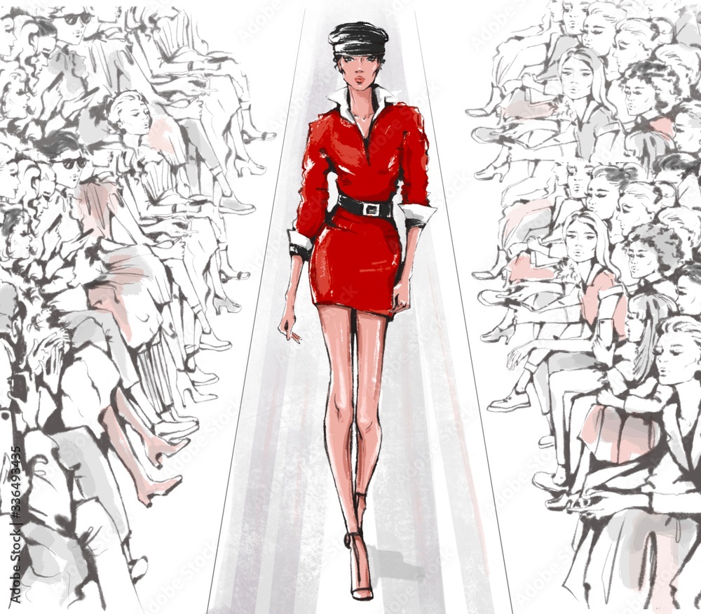 Hand drawn fashion show with stylish model and audience. Fashion runway ...