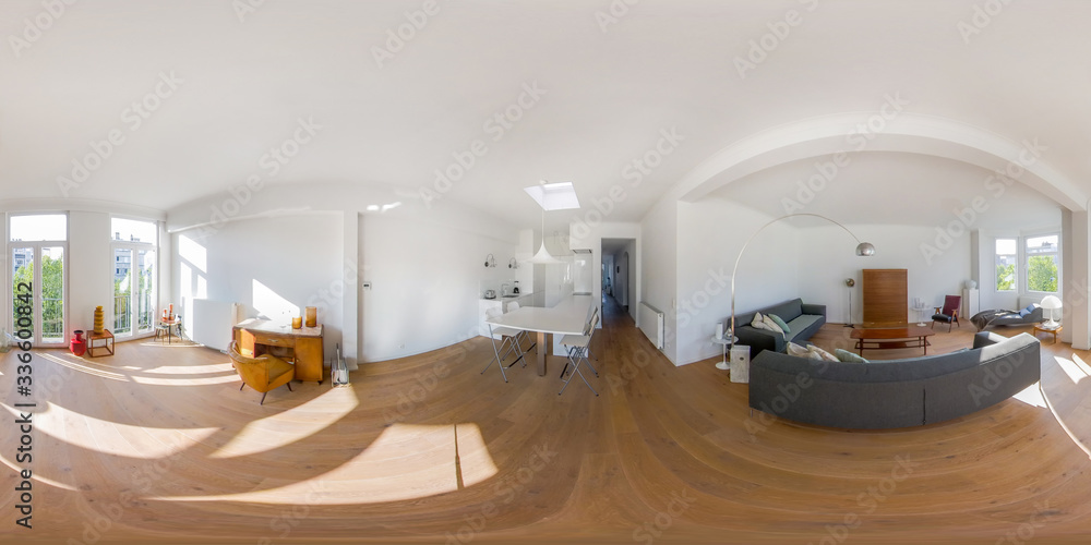 Equirectangular seamless panorama of a minimal stylish bright house ...