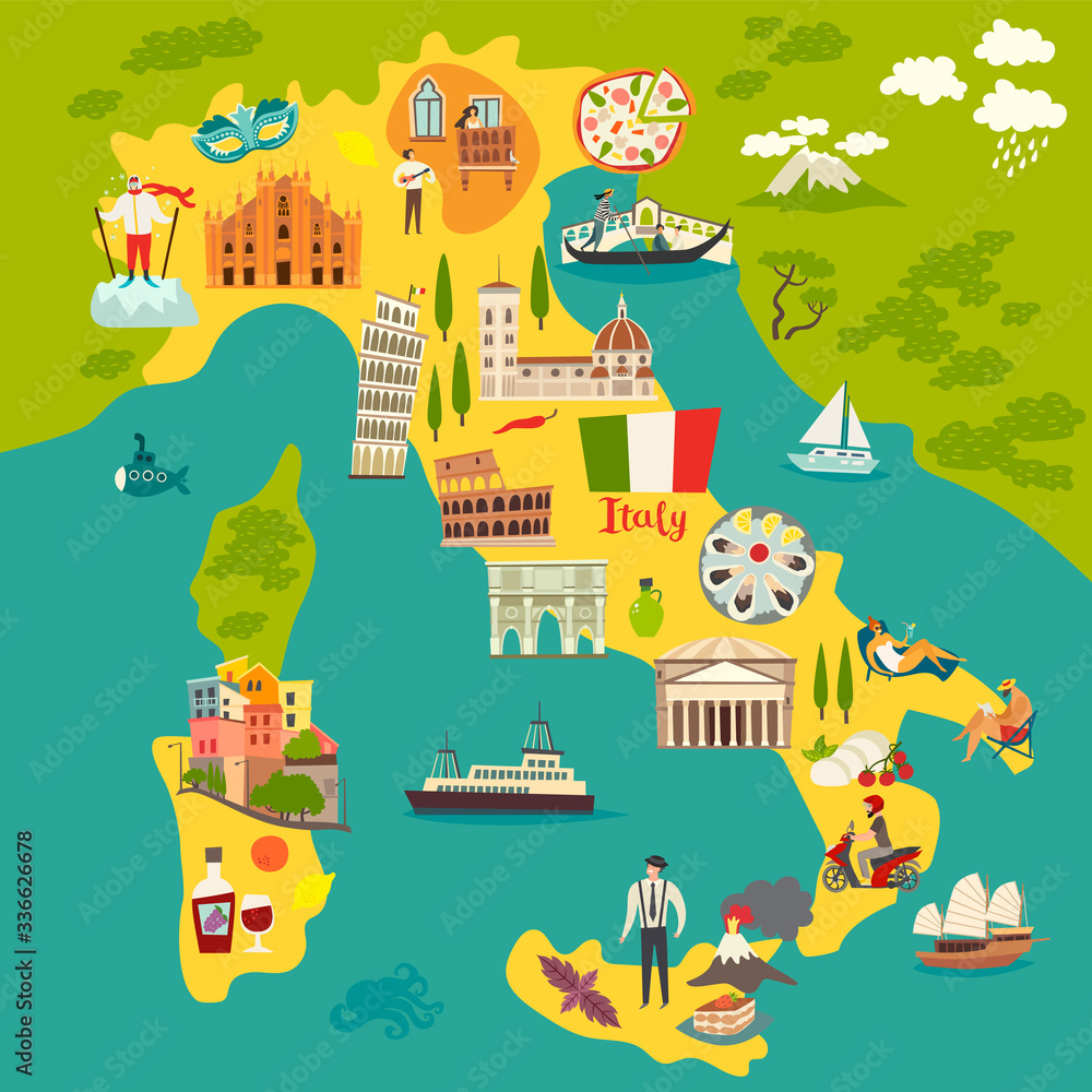 Italy poster. Cartoon map of Italy for kid/children. Italian landmarks ...