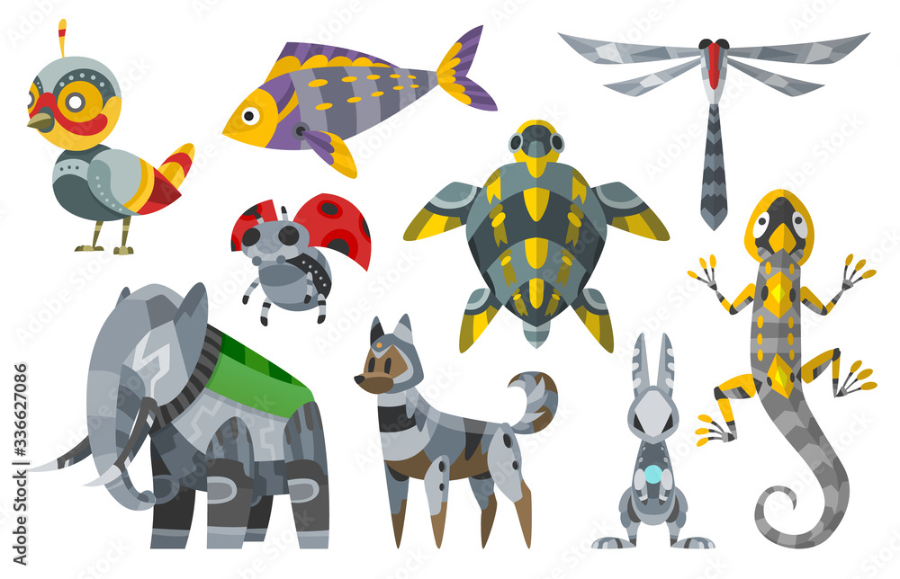 Vector cartoon mechanical robotic animals. Toy androids with artificial ...