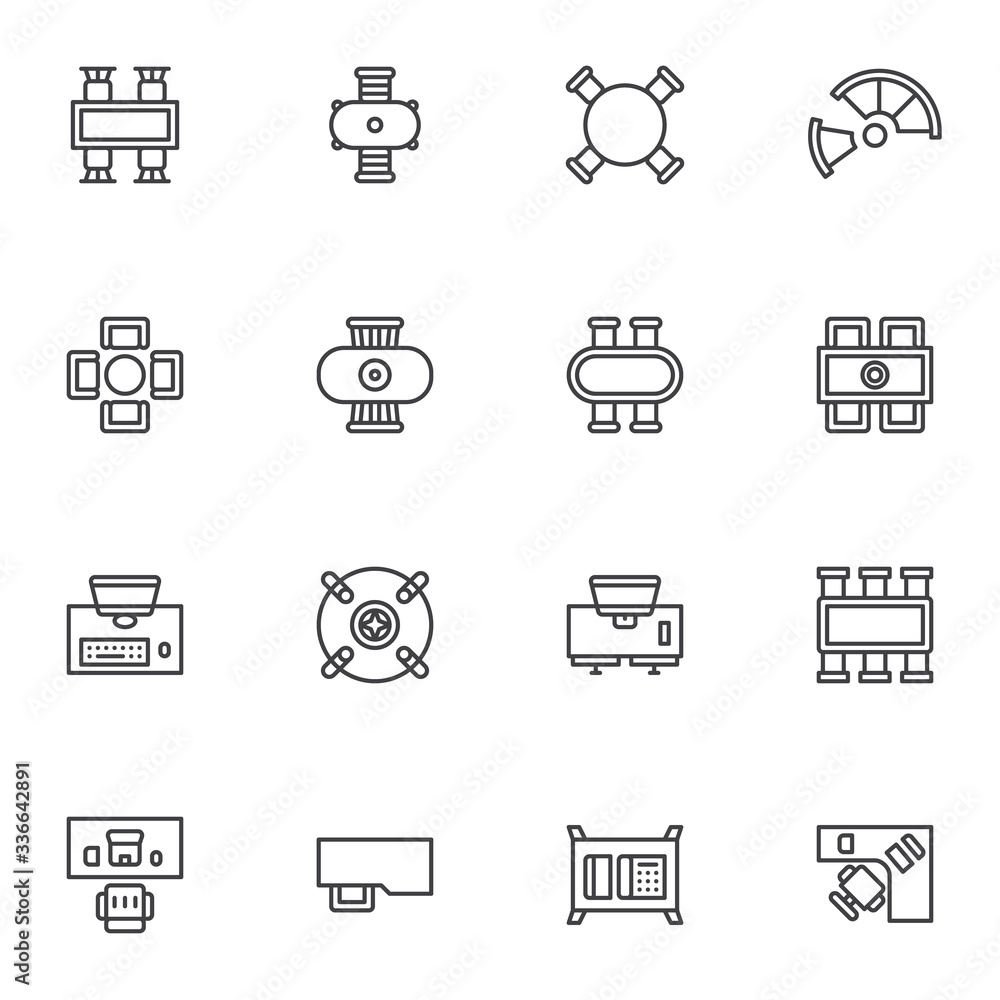 Office furniture top view line icons set. linear style symbols ...