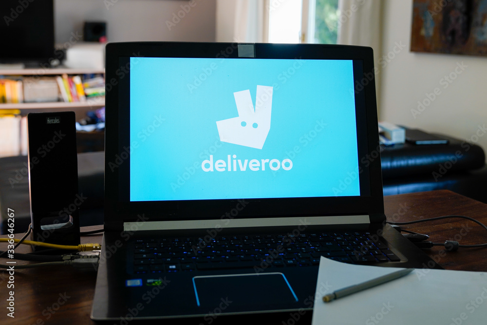 deliveroo sign logo laptop computer home website bike cycle bicycle man ...
