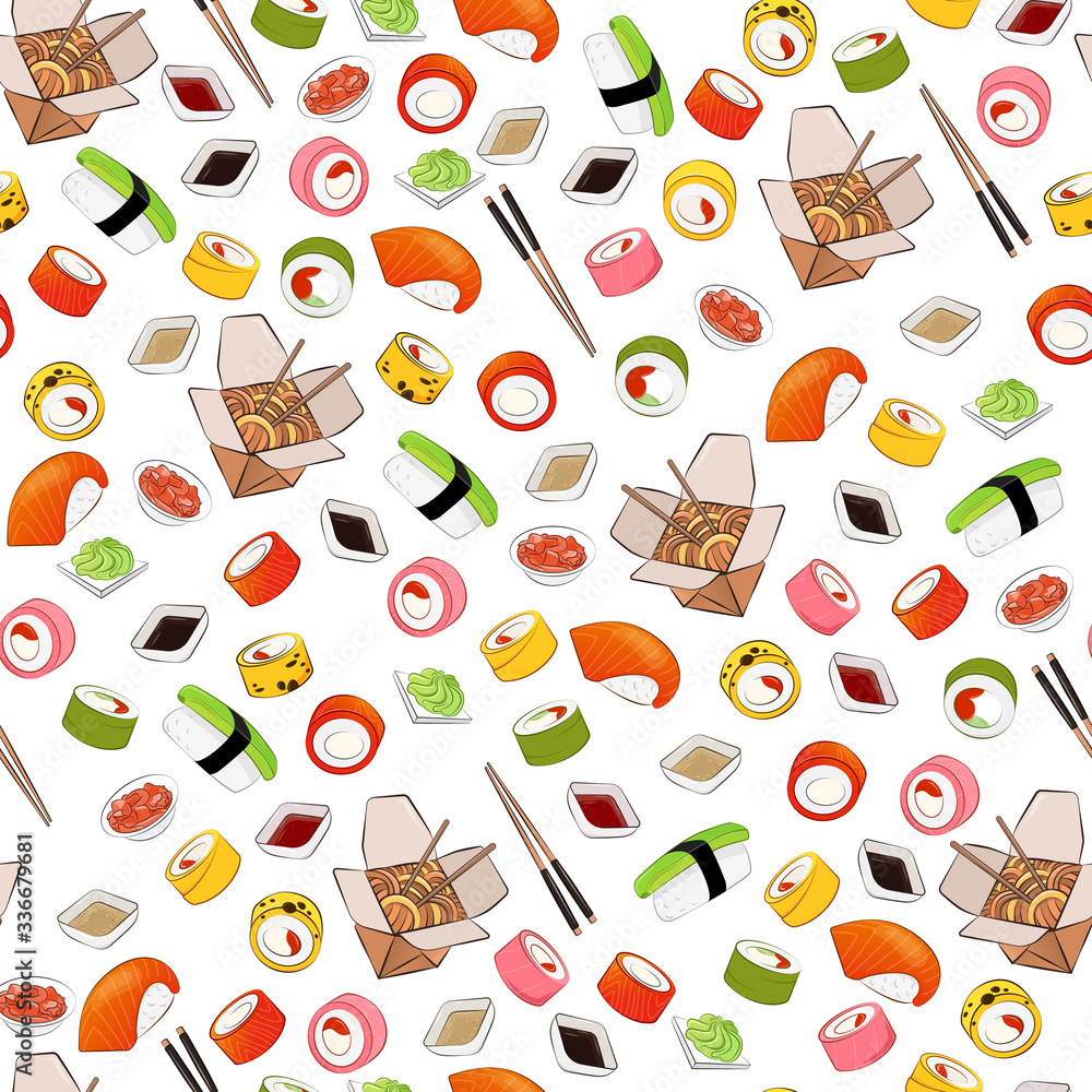 Seamless vector isolated texture of nigiri, sauces, sushi. Bright ...