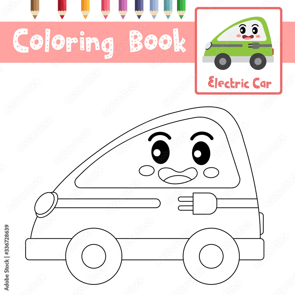 Coloring page Electric Car cartoon character side view vector ...