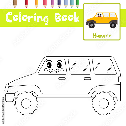 Coloring page Humvee cartoon character side view vector illustration ...