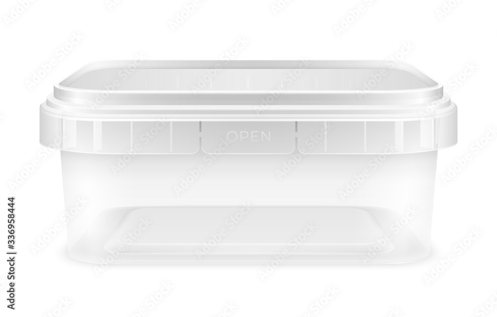 Transparent low rectangular empty plastic bucket. Front view isolated ...