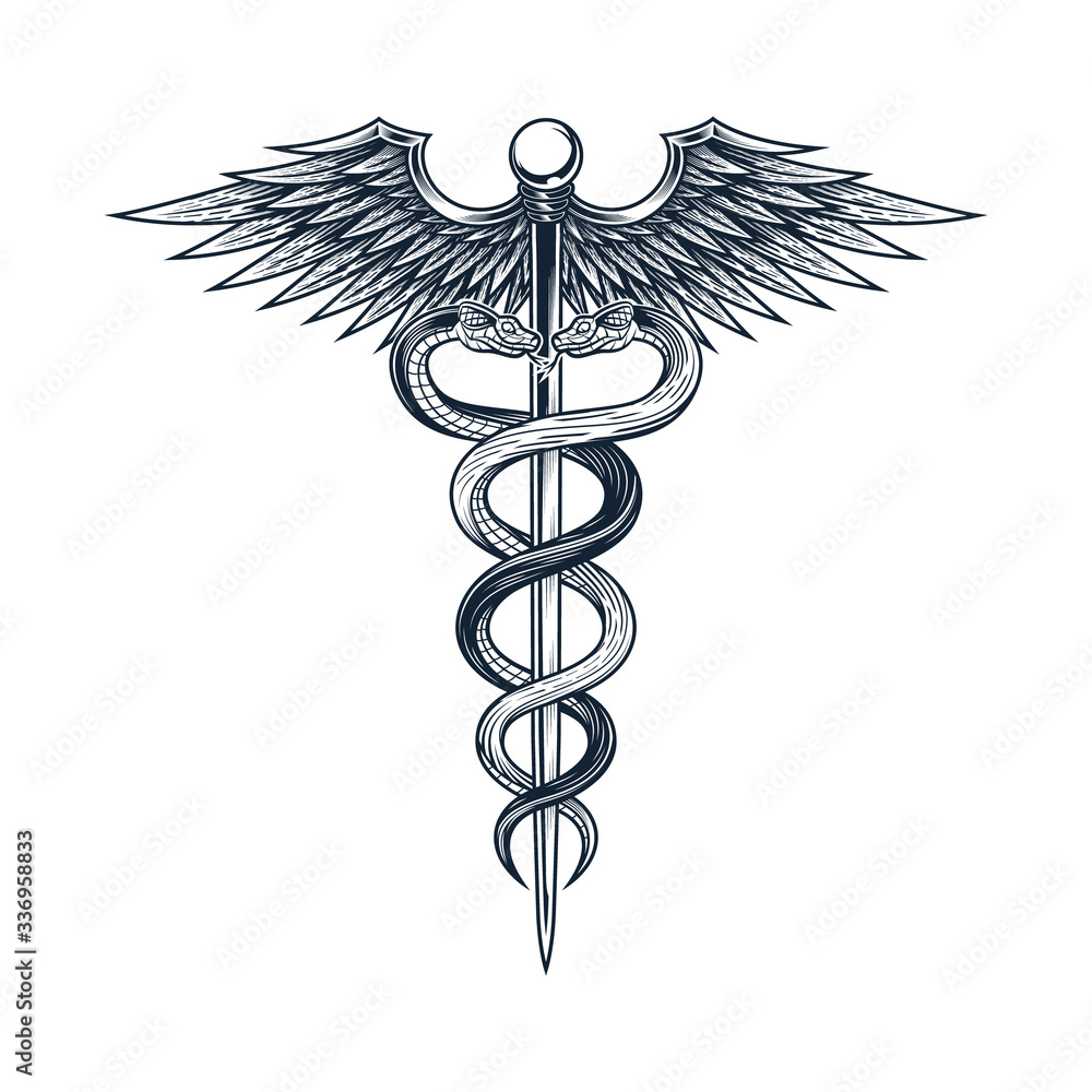 Caduceus symbol. Vector illustration in engraving technique of two ...