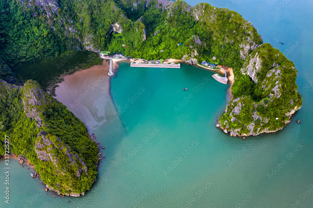 Aerial view Dau Go cave at Ba Hang floating fishing village, rock ...