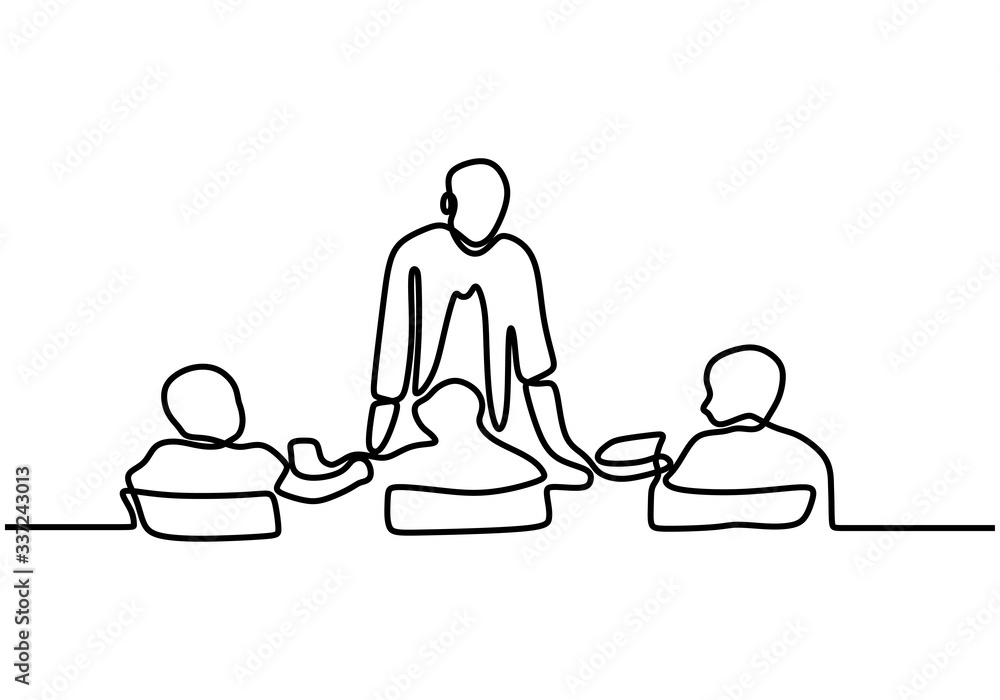 continuous line drawing of office workers at business meeting. The team ...