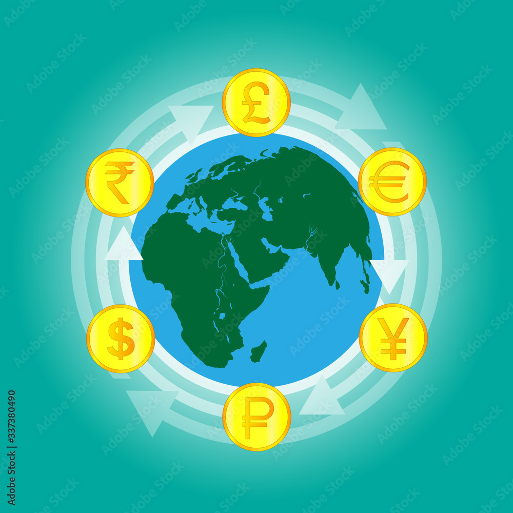 Currency exchange. Symbols of money, currencies of different countries ...