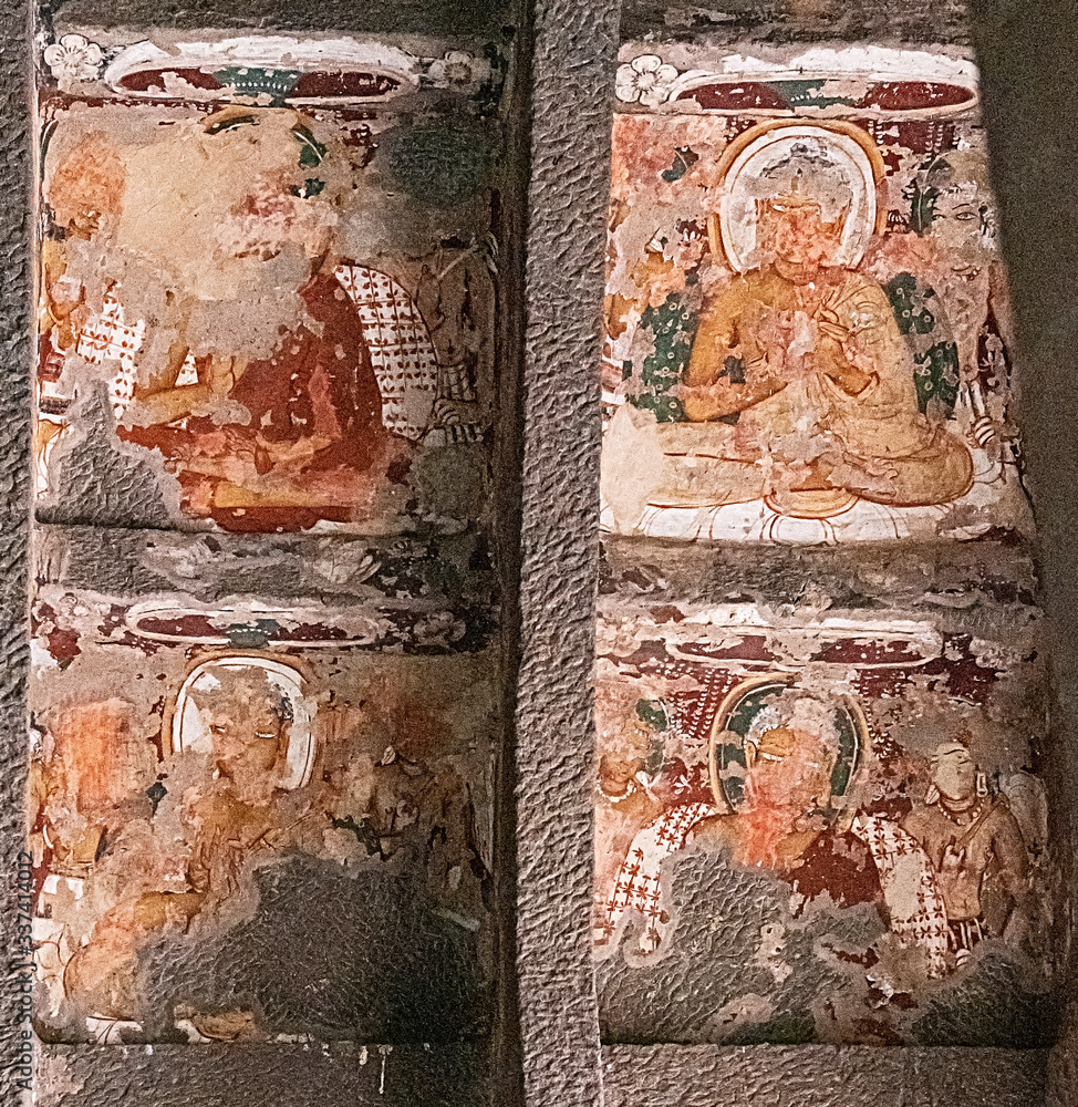 Fresco paintings of Ancient Ajanta Buddhist caves predominantly ...