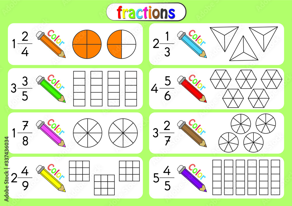 mixed number, improper fractions, color the shape to show the fraction ...
