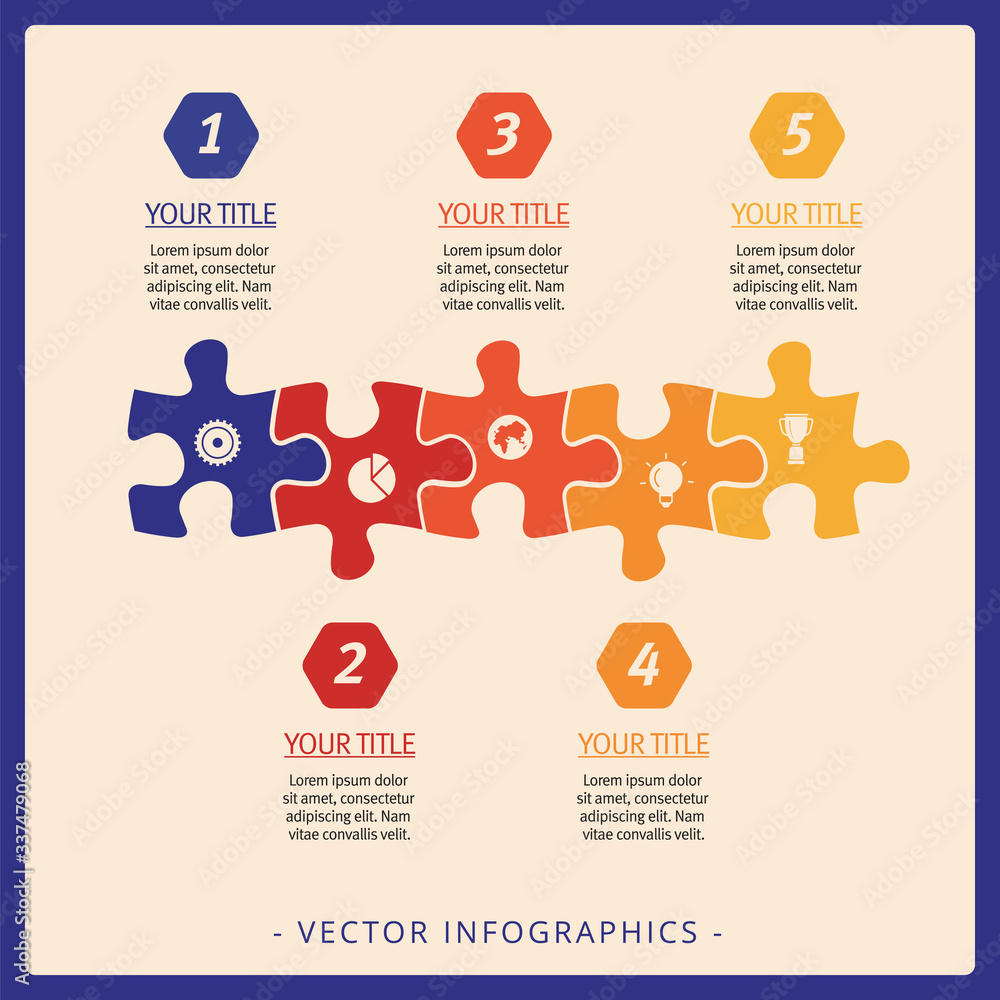 Editable infographic template of flowchart including five puzzle ...