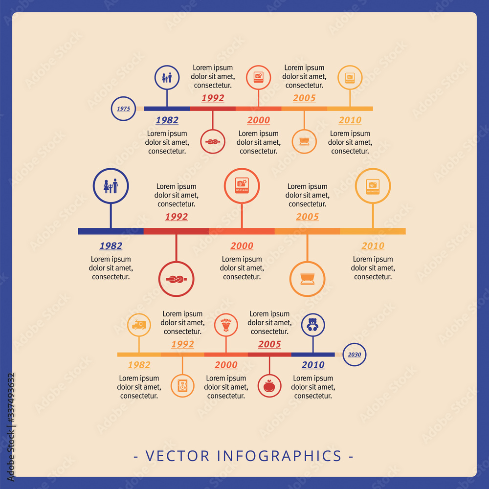 Editable infographic template of three horizontal timeline diagrams ...