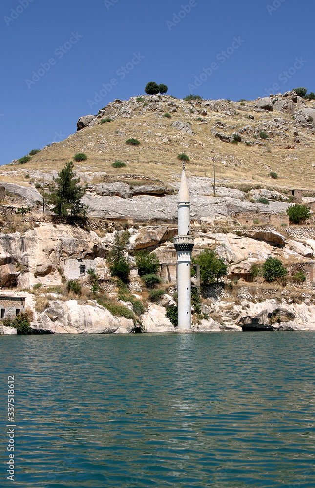 Minaret at sunken village Savasan in Euphrates River (Firat), Halfeti ...