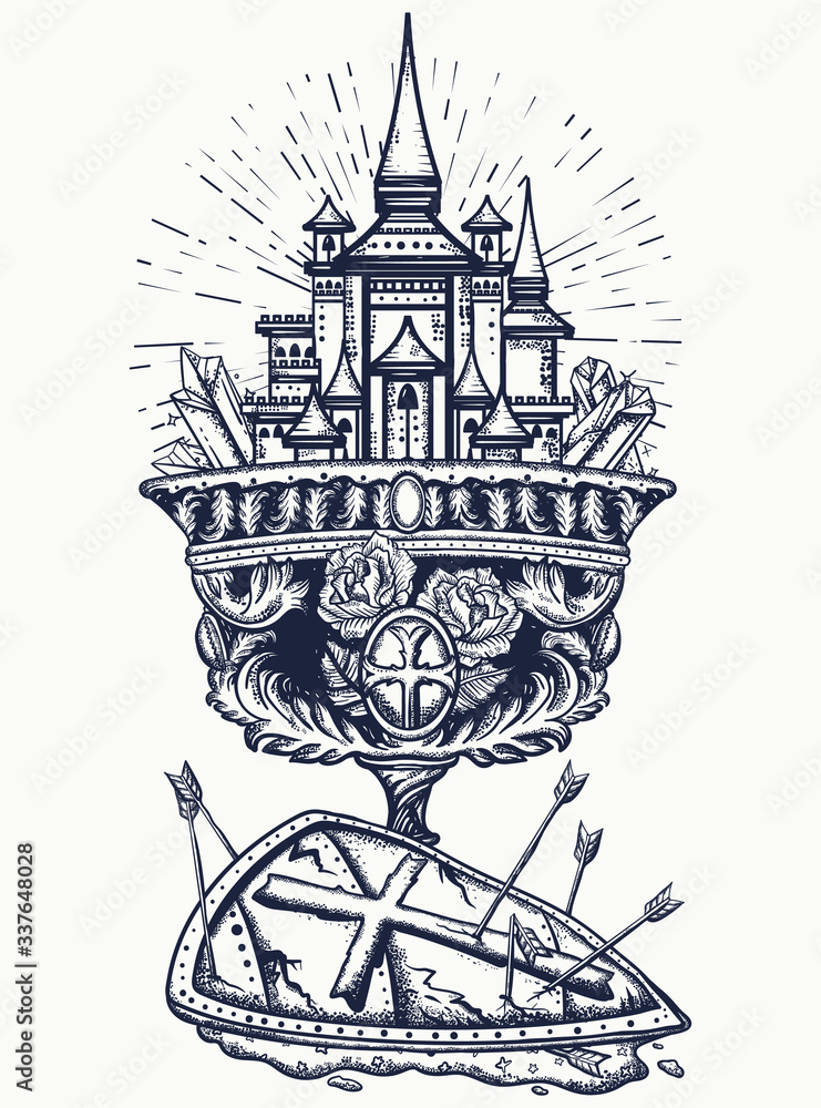 Holy grail, warrior crusader shield and arrows, ancient castle. Symbol ...