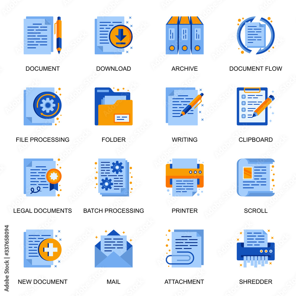 Documents icons set in flat style. Batch processing, legal documents ...