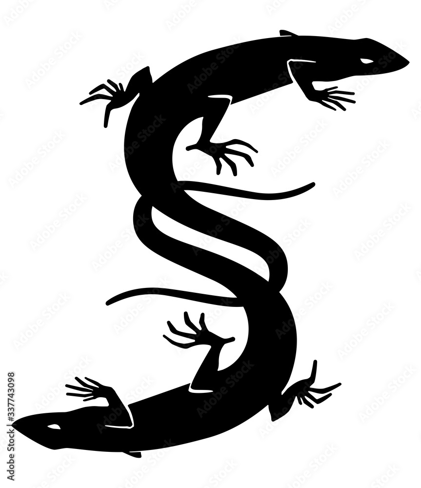 Silhouette of a lizard as letter "S". Tattoo, logo, sign, vector ...