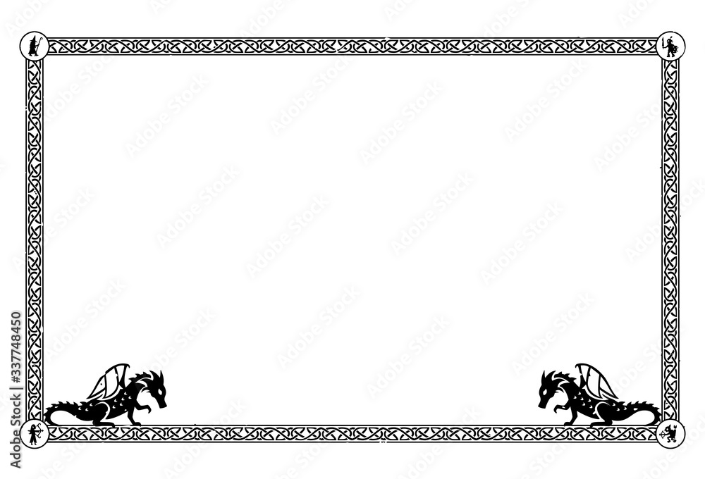 Square medieval frame with floral elements and dragons in the corners ...