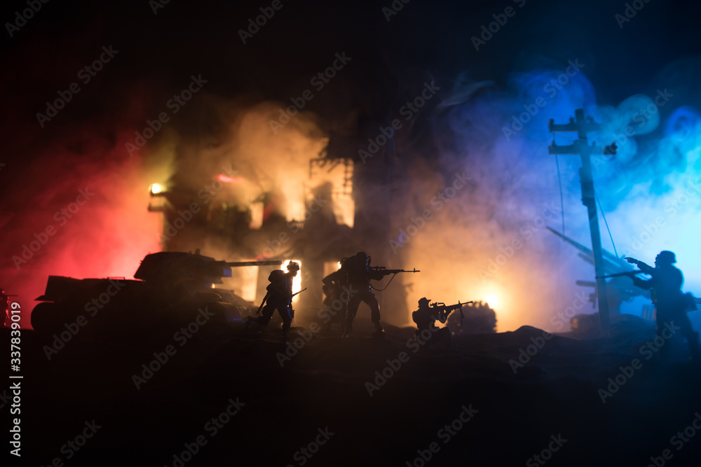 War Concept. Military silhouettes fighting scene on war fog sky ...
