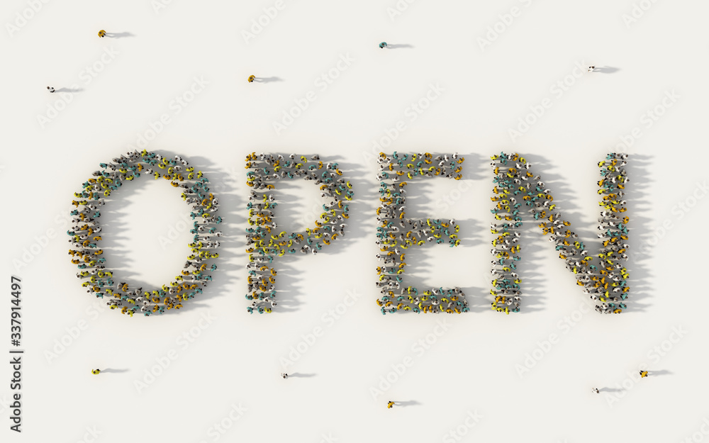 Large group of people forming Open lettering text in social media and ...