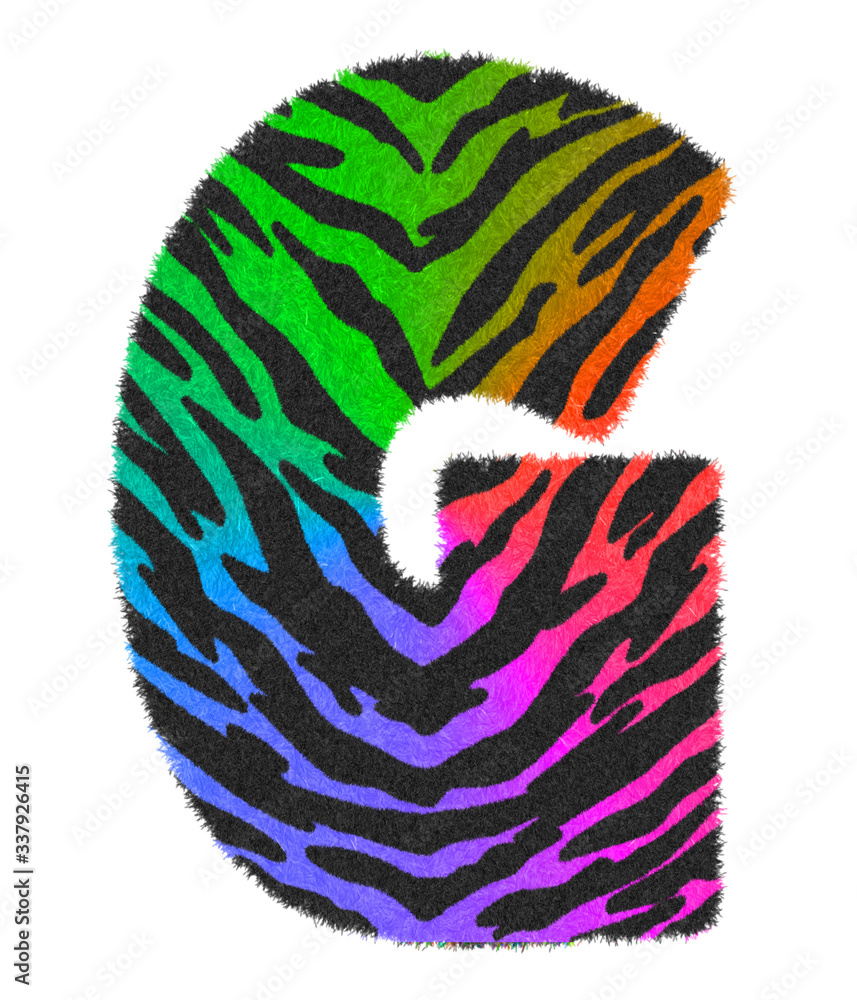 3D illustration Tiger black rainbow print letter G, animal skin fur ...