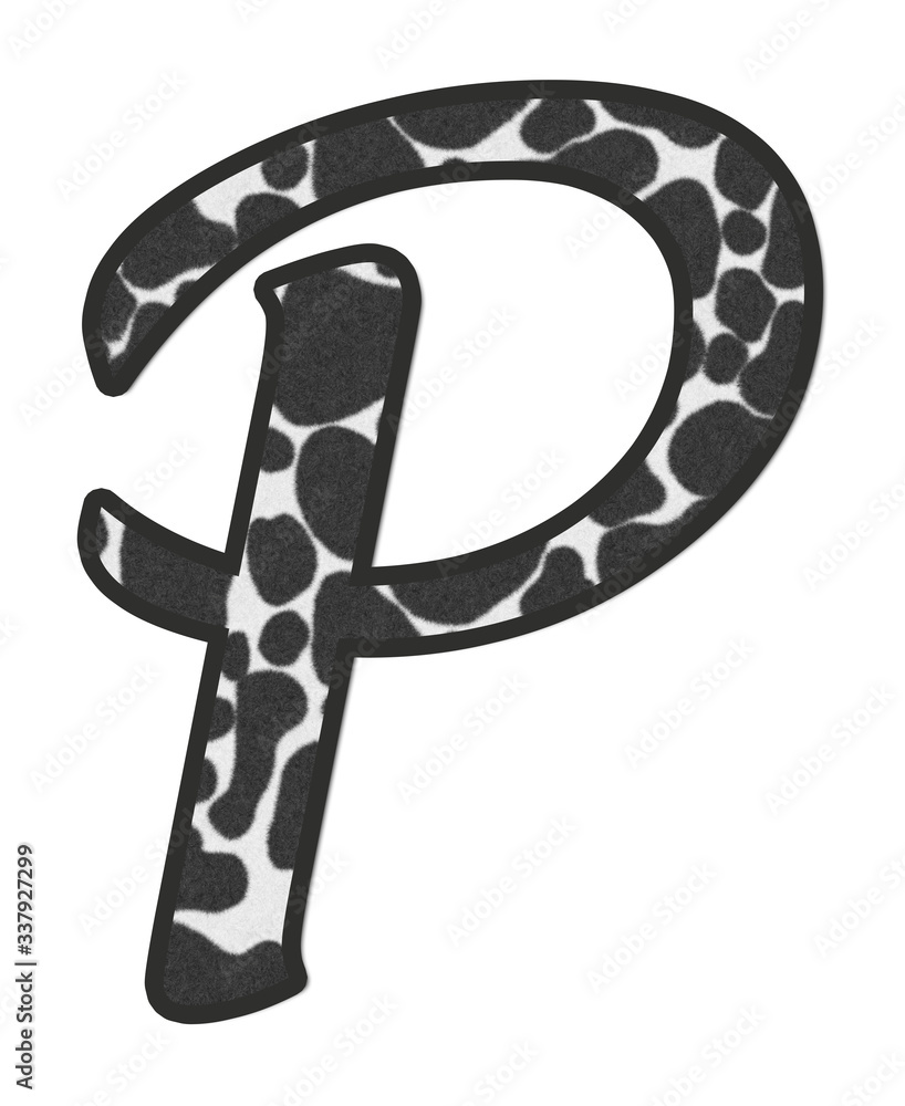 3D illustration Cow Black and white print letter P, animal skin fur ...