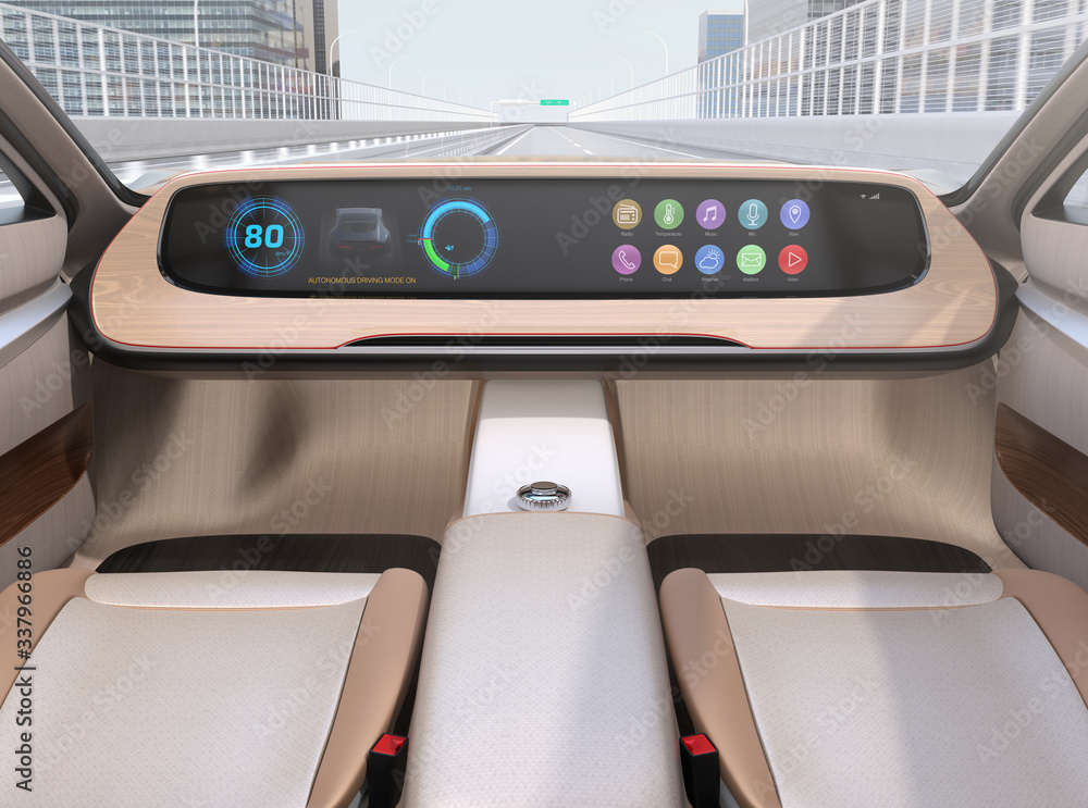 Autonomous electric car without steering and pedals driving on the ...