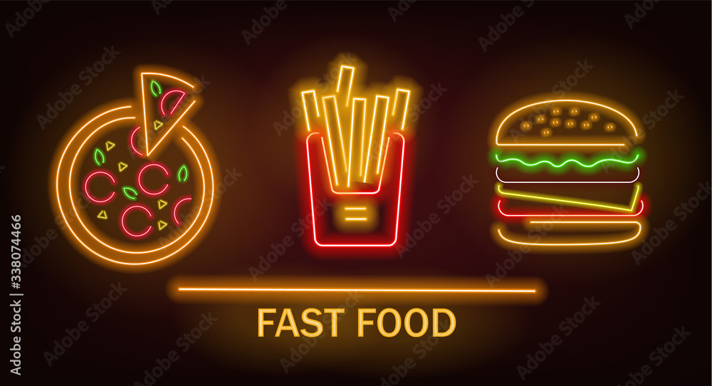 Neon fast food set, french fries, pizza, and burger, neon light, vector ...
