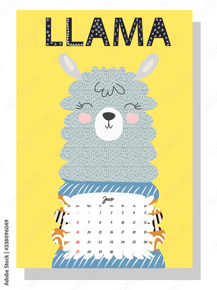 Cute monthly calendar of 2021 with a llama, cactus, inscriptions in the ...