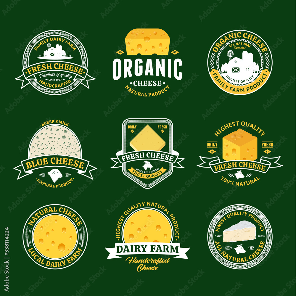 Set of cheese vintage logo templates isolated on a green background ...