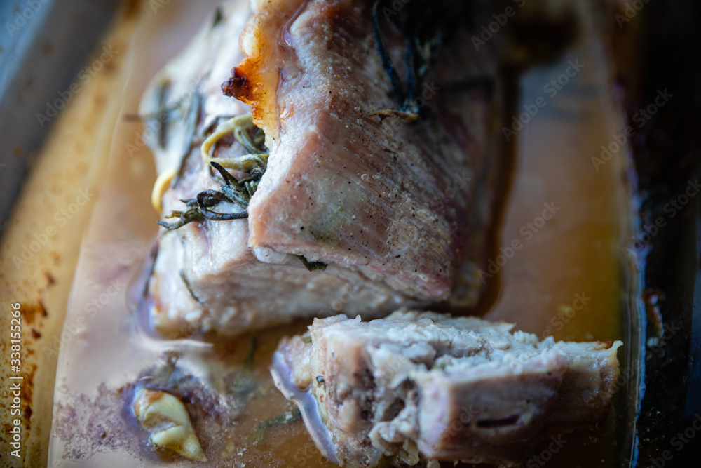 Baked delicious fat pork meat seasoned with salt, papper, garlic and ...