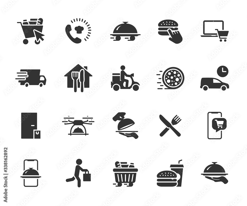 Vector set of food delivery flat icons. Contains icons food basket ...